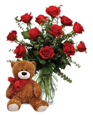 Romantic Roses & Cuddly Bear in Champaign IL - Abbott's Florist