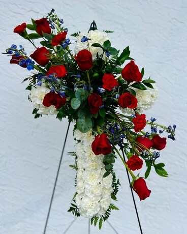 Red, White and Blue Sympathy Cross with Red Roses