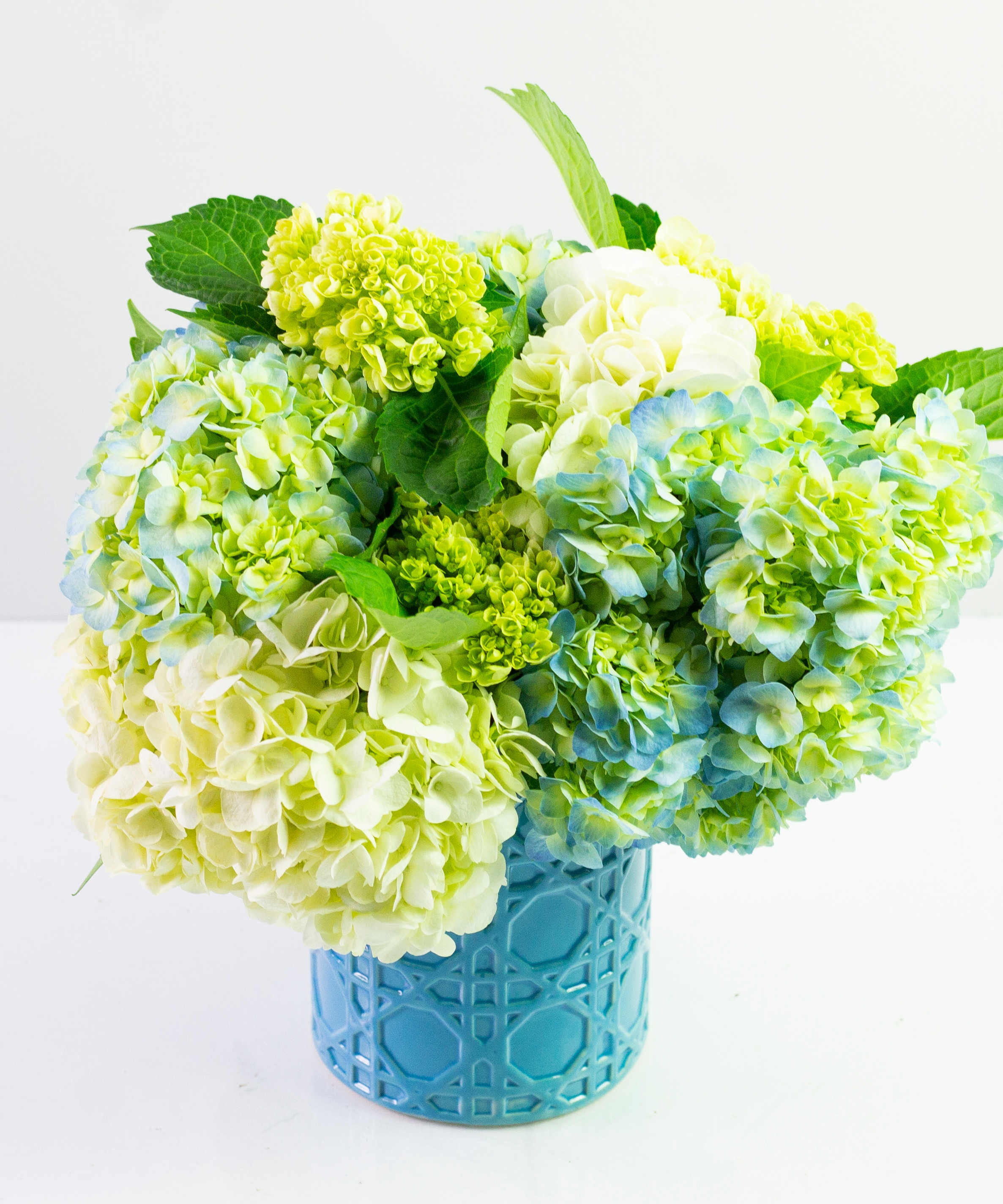 Hydrangea flower arrangement in a 5-inch cylinder vase with white, blue ...