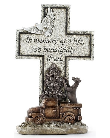 In Memory Cross with Dog & Truck in Poplar Bluff MO - Rob's Flowers