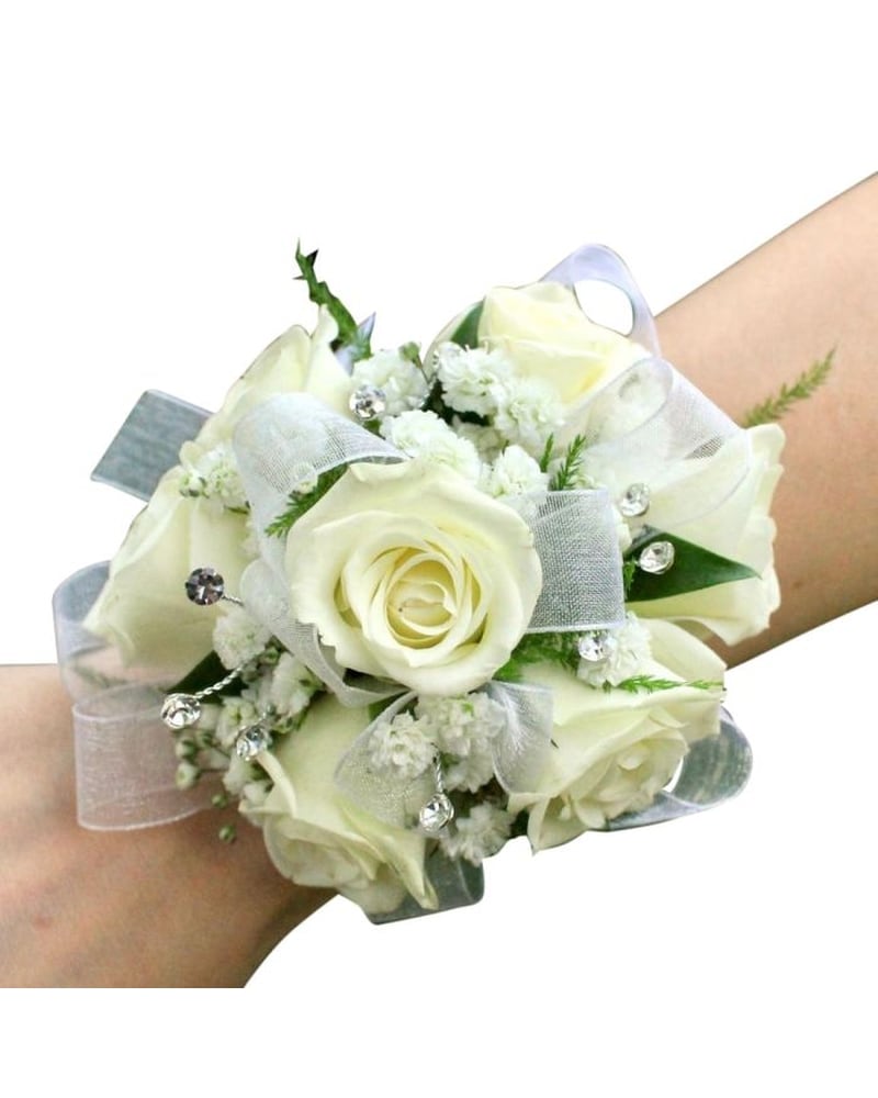 sparkling white rose corsage in Cary NC Preston Flowers