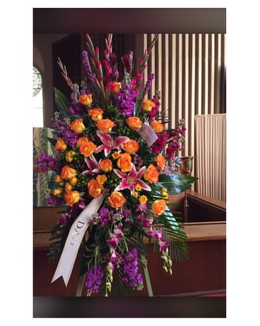Orange & Purple Standing Spray in Modesto CA - Flowers By Alis