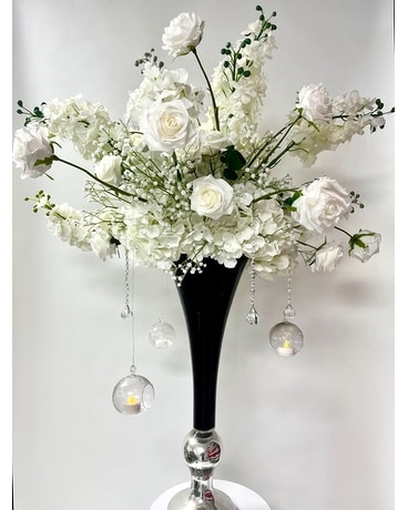 Dangling candles & crystals white arrangement in Laval QC - La Grace ...