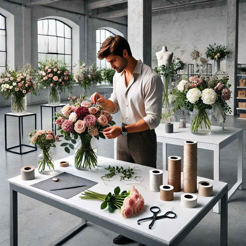 Professional Florist designing with assorted upscale blooms in glass vases.