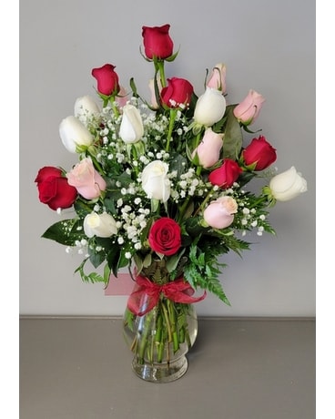 Two Dozen Red, White, & Pink Roses in Circleville OH - Wagner's Flowers