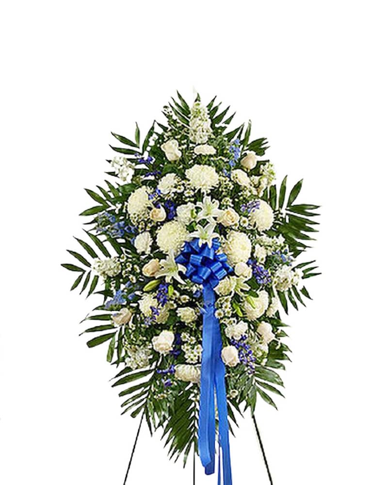 White & Blue Sympathy Standing Spray in Bradenton FL - Oneco Florist