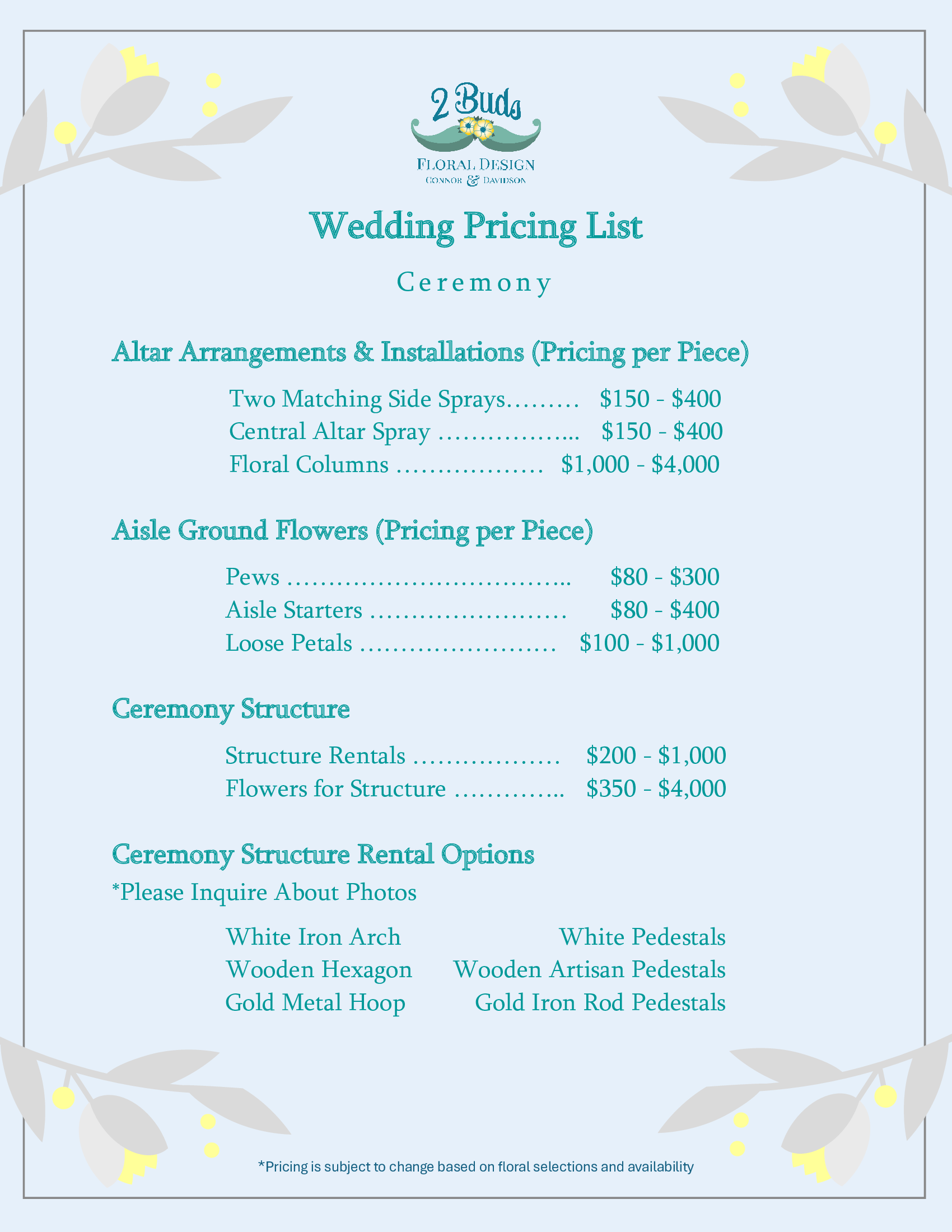 Wedding Pricing | 2 Buds Floral Design