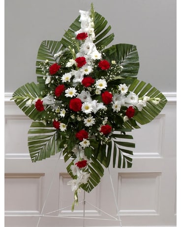 Traditional White & Red Standing Spray in Southfield MI - Thrifty Florist