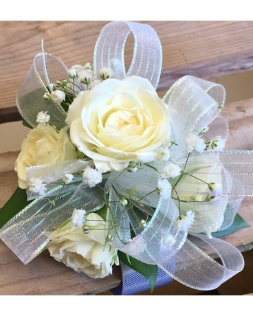 White Spray Rose Wrist Corsage in Ajax ON - Reed's Florist Ltd